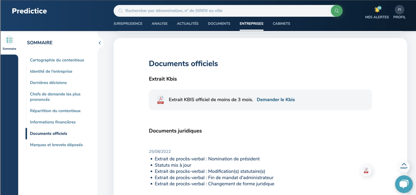 Télécharger gratuitement un extrait Kbis sur Predictice